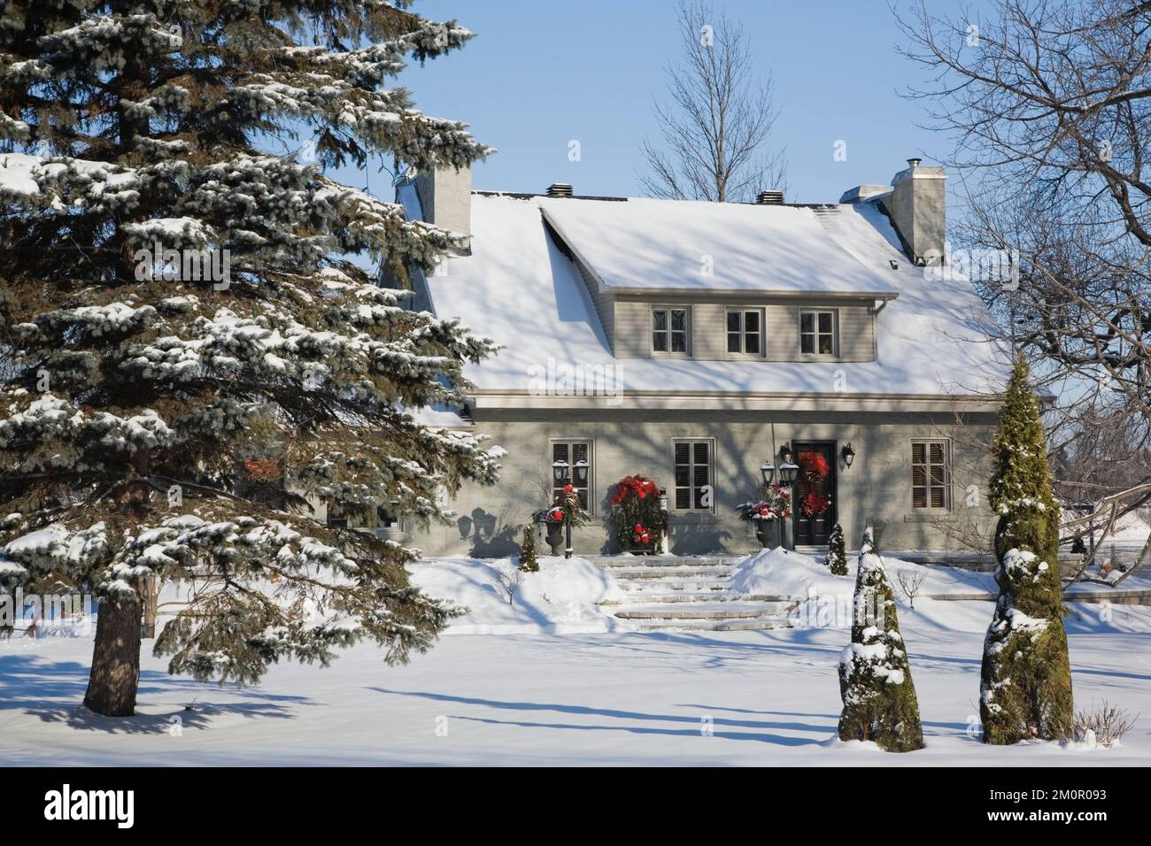 Old 1840 greyish cement and stone cladded two story Canadian cottage ...