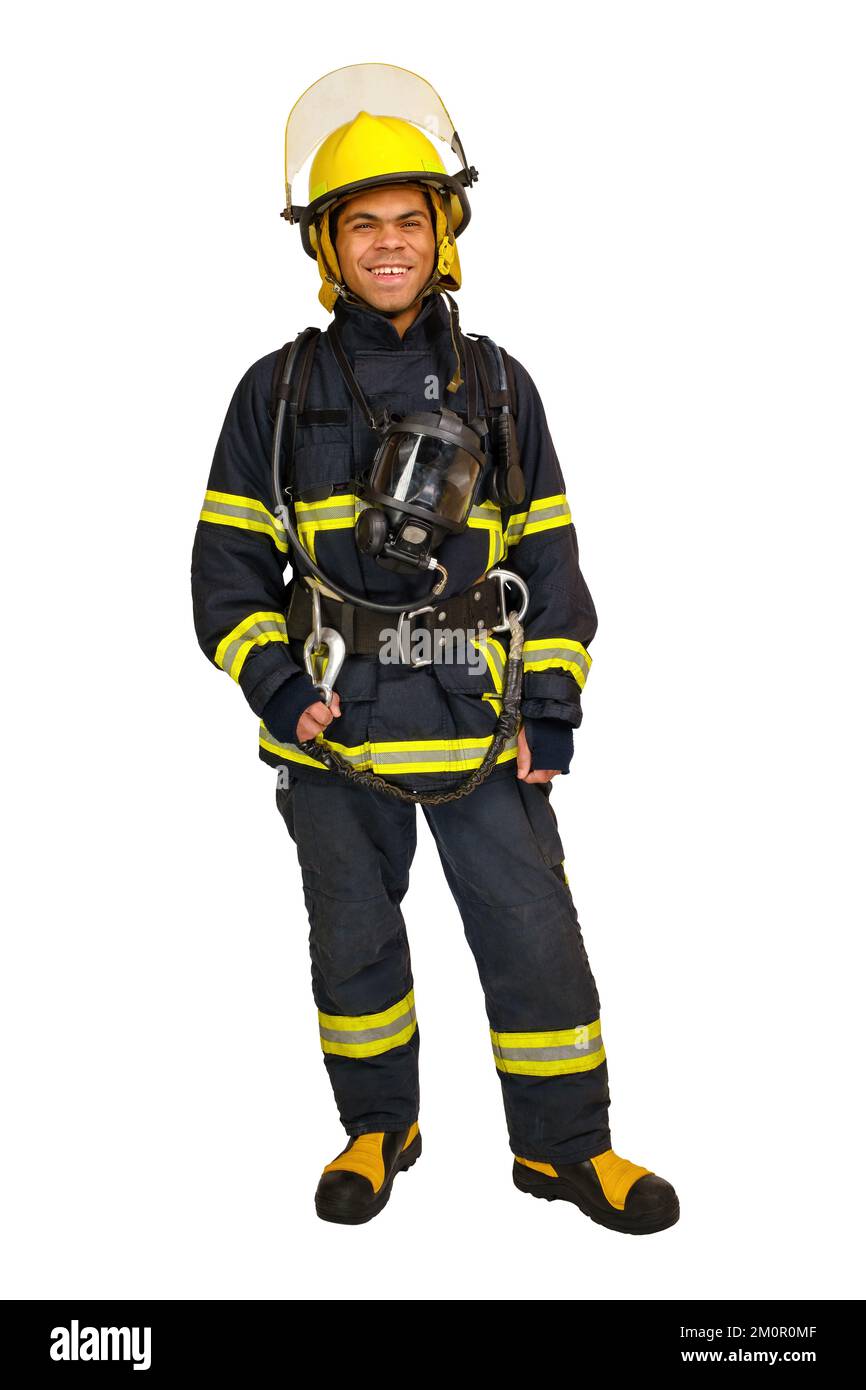 Fireman smiling and looks at the camera isolated on white Stock Photo ...