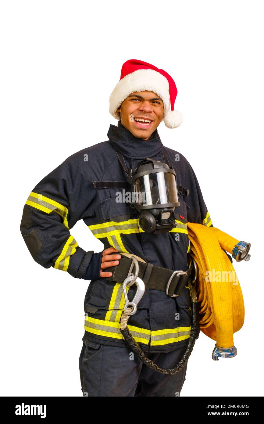 Fireman smiling and looks at the camera isolated on white Stock Photo ...