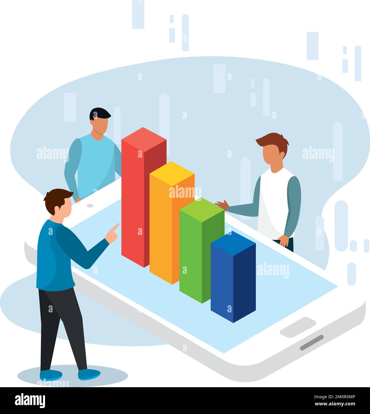 Group of male characters with a business graph on cellphone Vector ...