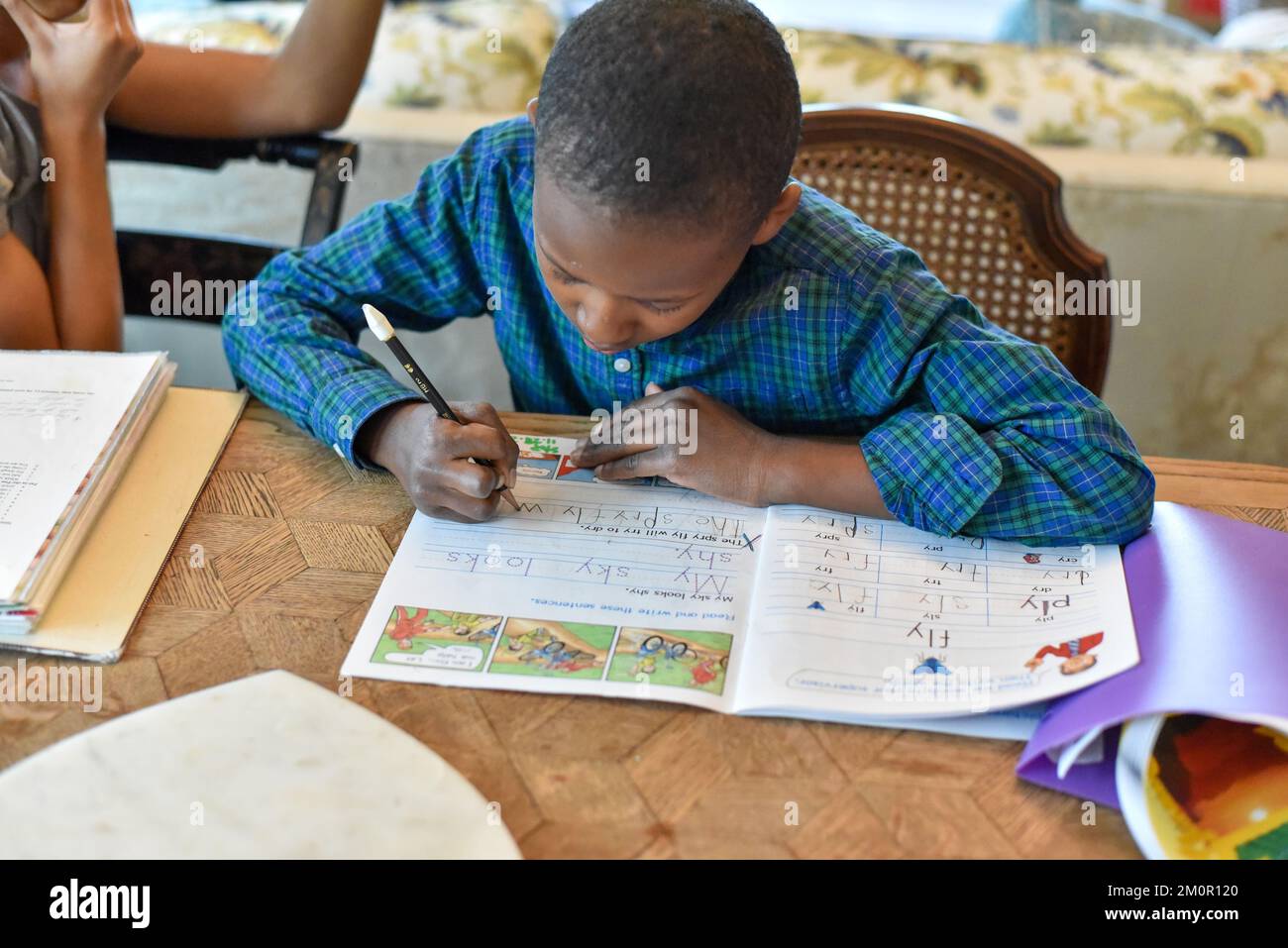 little boy being tutored at home, doing homework learning new things ...