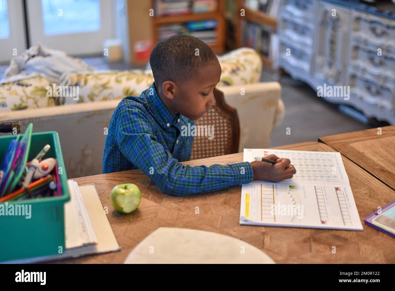 little boy being tutored at home, doing homework learning new things ...