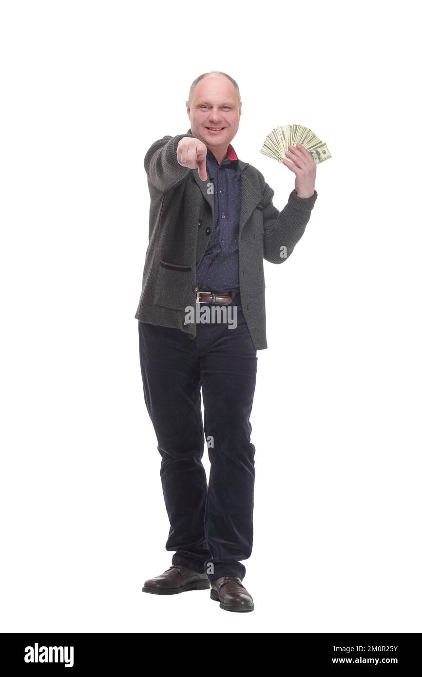 happy casual man with dollar bills .isolated on a white background ...