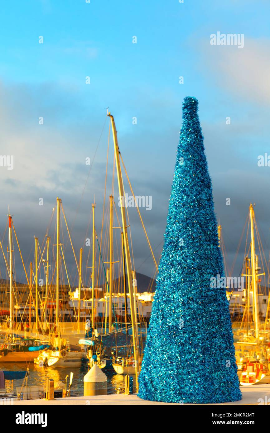 Christmas tree in the port . Harbor with yachts in Christmas season ...