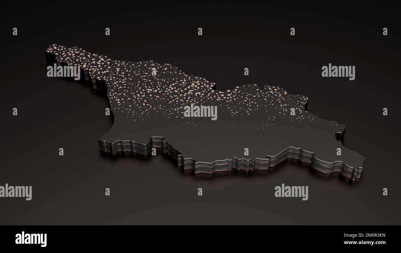 A 3D rendered map of Georgia with gold glitter on a black background ...