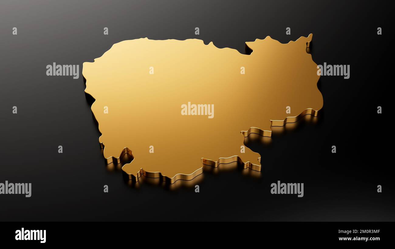 A 3D rendered map of Cambodia in shiny gold on a black background ...