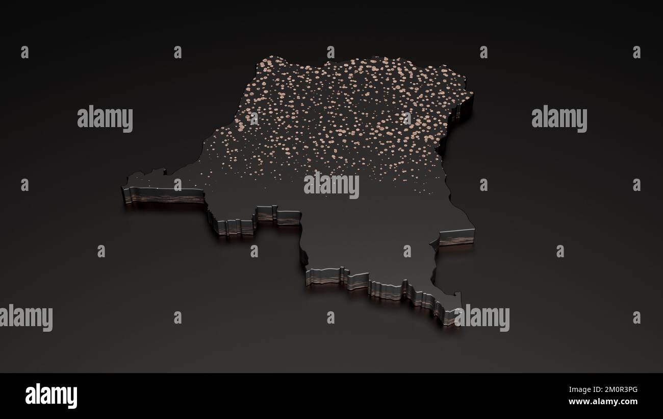 A 3D rendered map of Congo with gold glitter on a black background ...