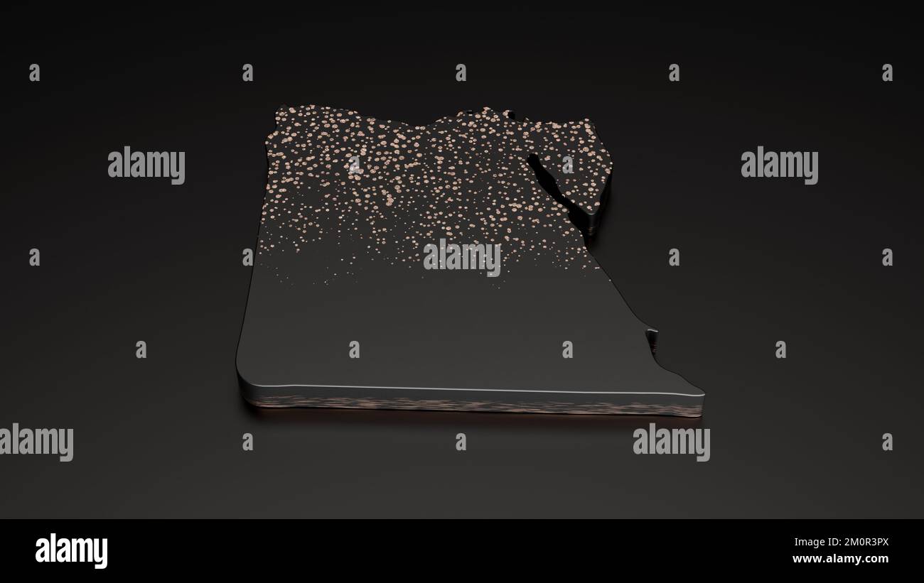 A 3D rendered map of Egypt with gold glitter on a black background ...
