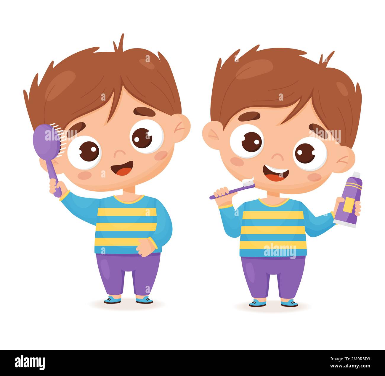 Cute boy brushes her teeth and combs her hair with comb. Concept of ...