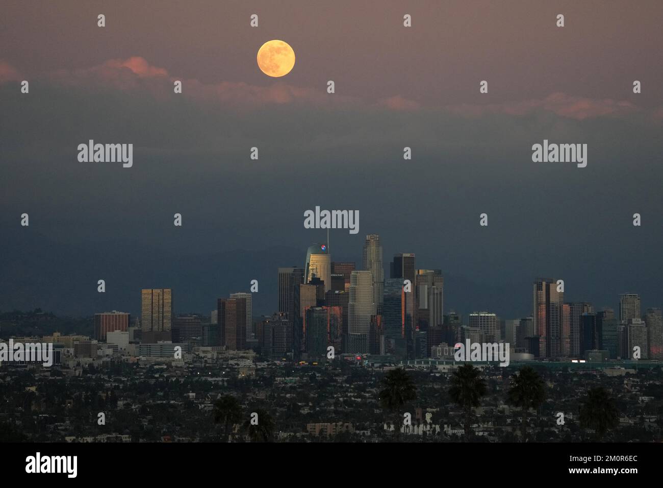 A full moon rises over the downtown Los Angeles skyline on Wednesday ...