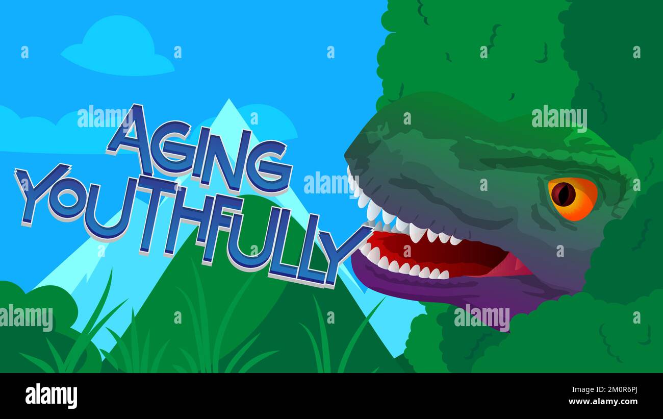 Dinosaur with speech bubble saying Aging Youthfully word. Tyrannosaurus ...