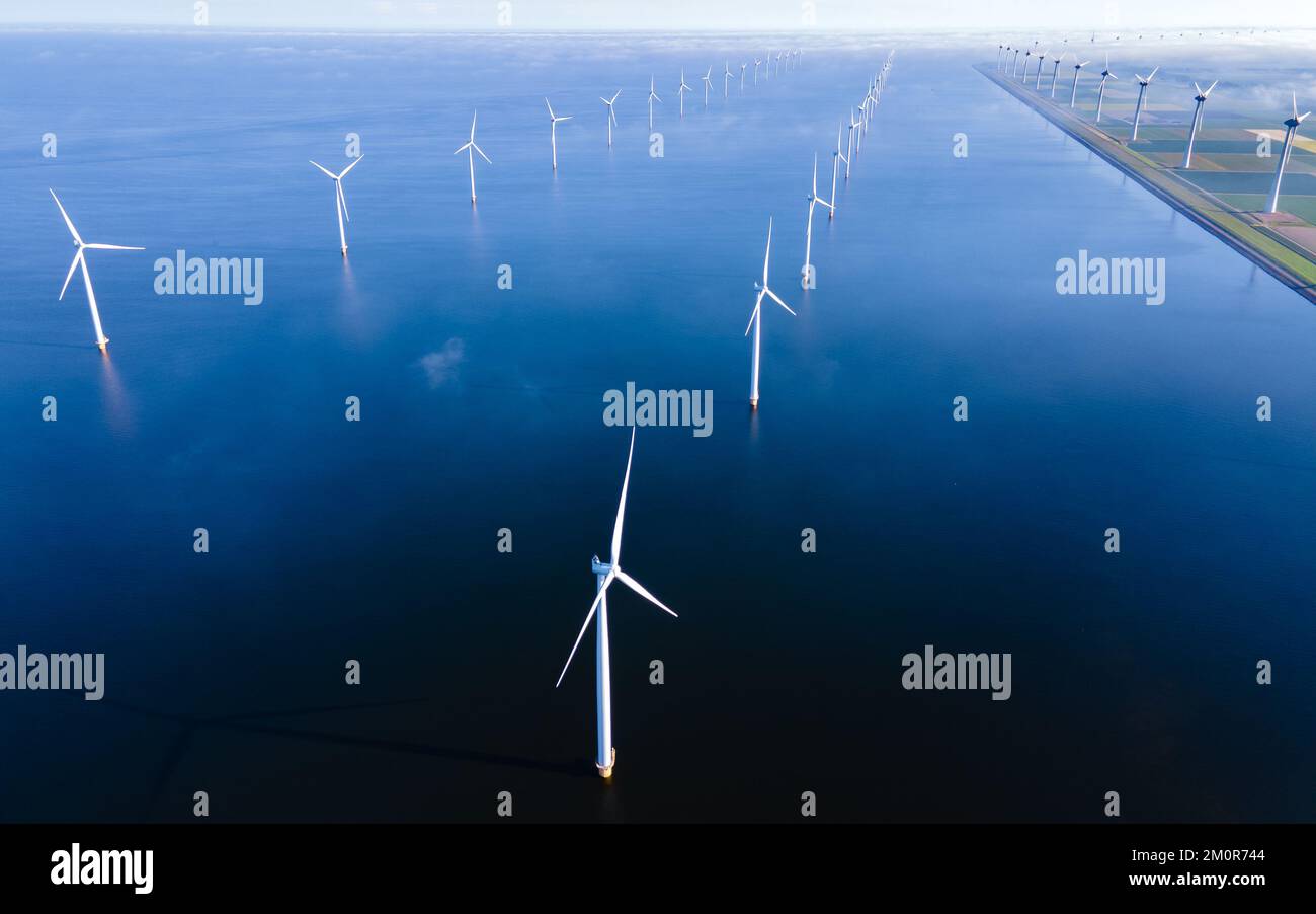 Aerial view at Windmill park with windmills turbines and a cloudy sky ...