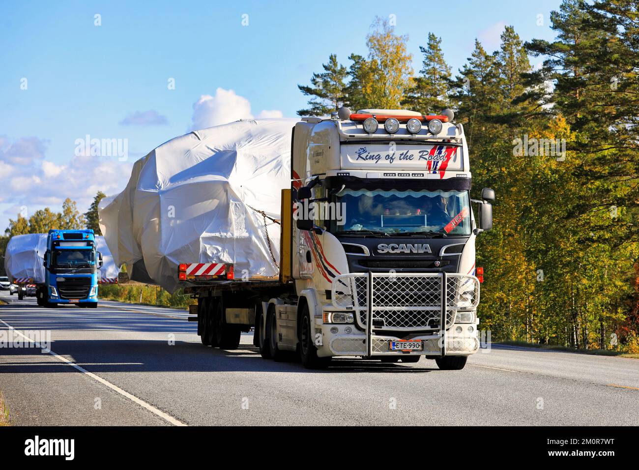 Two oversize load transporters, Scania R580 in the front, hauling ...