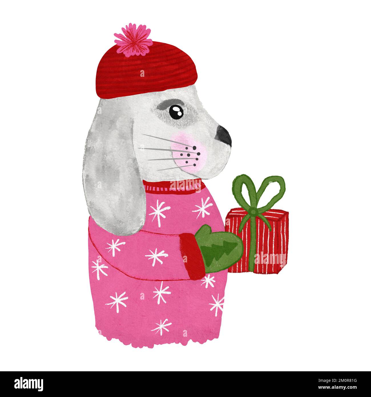 Hand drawn illustration of rabbit 2023 new year symbol with green pink ...