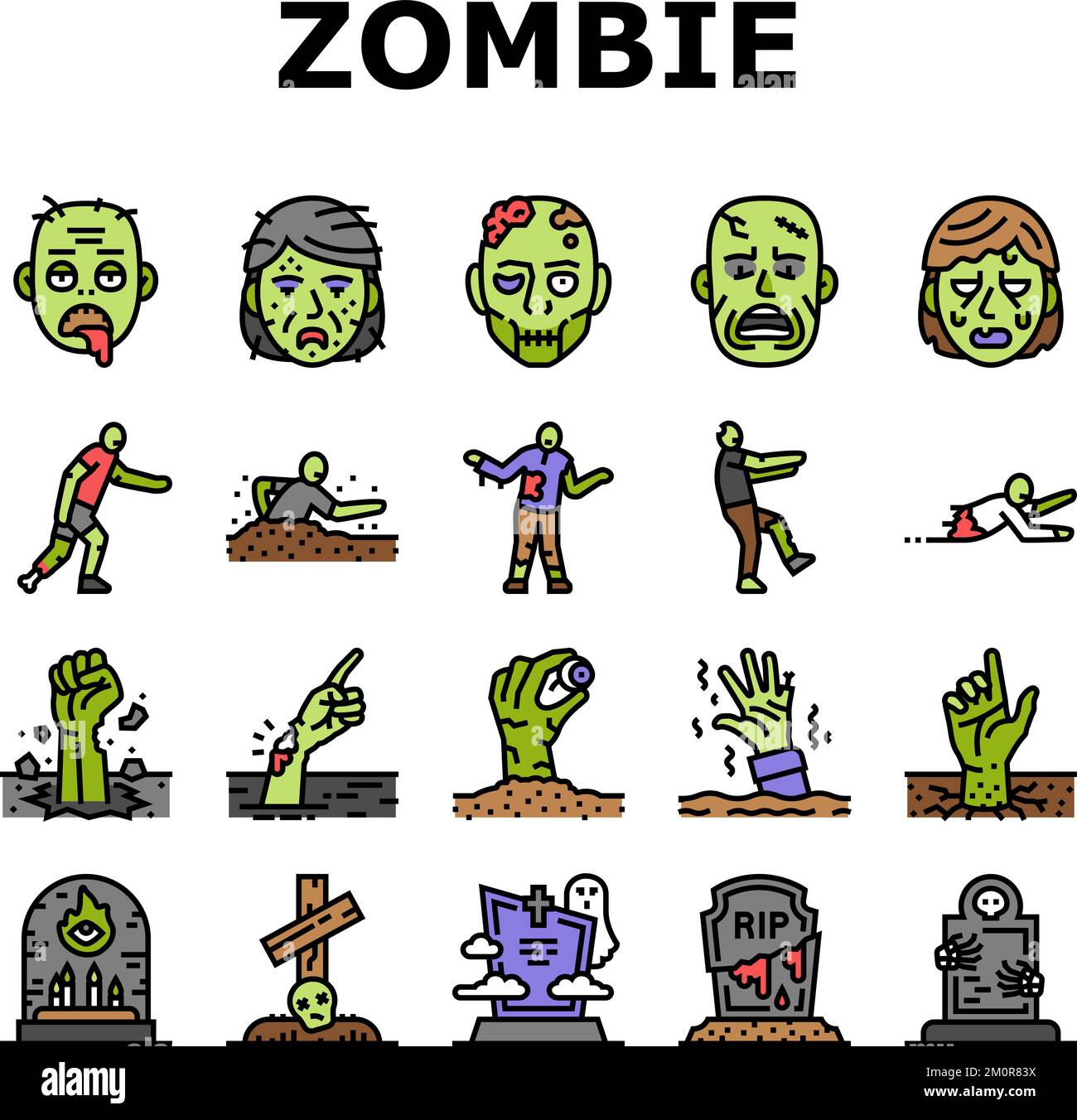 zombie horror scary dead evil icons set vector Stock Vector Image & Art ...