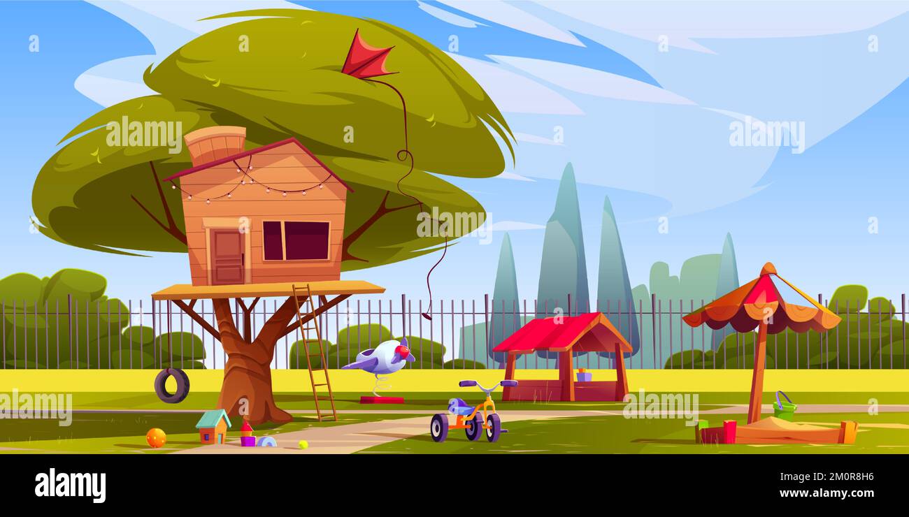 Summer landscape of playground with tree house, sandbox, toys and bicycle. Wooden treehouse for ...