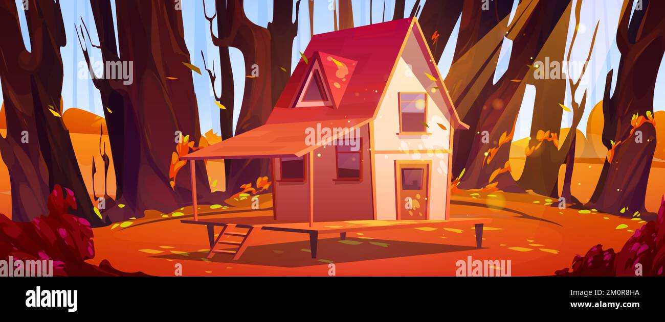 Autumn forest landscape with small rural house on glade. Wooden cottage ...