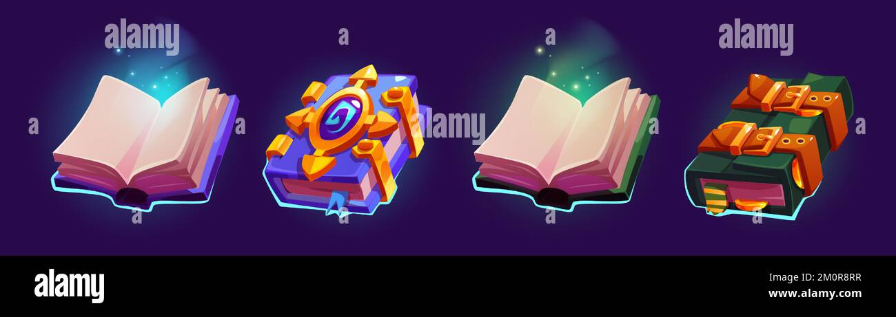 Magic spell books, fantasy alchemy grimoires, closed and open wizard ...