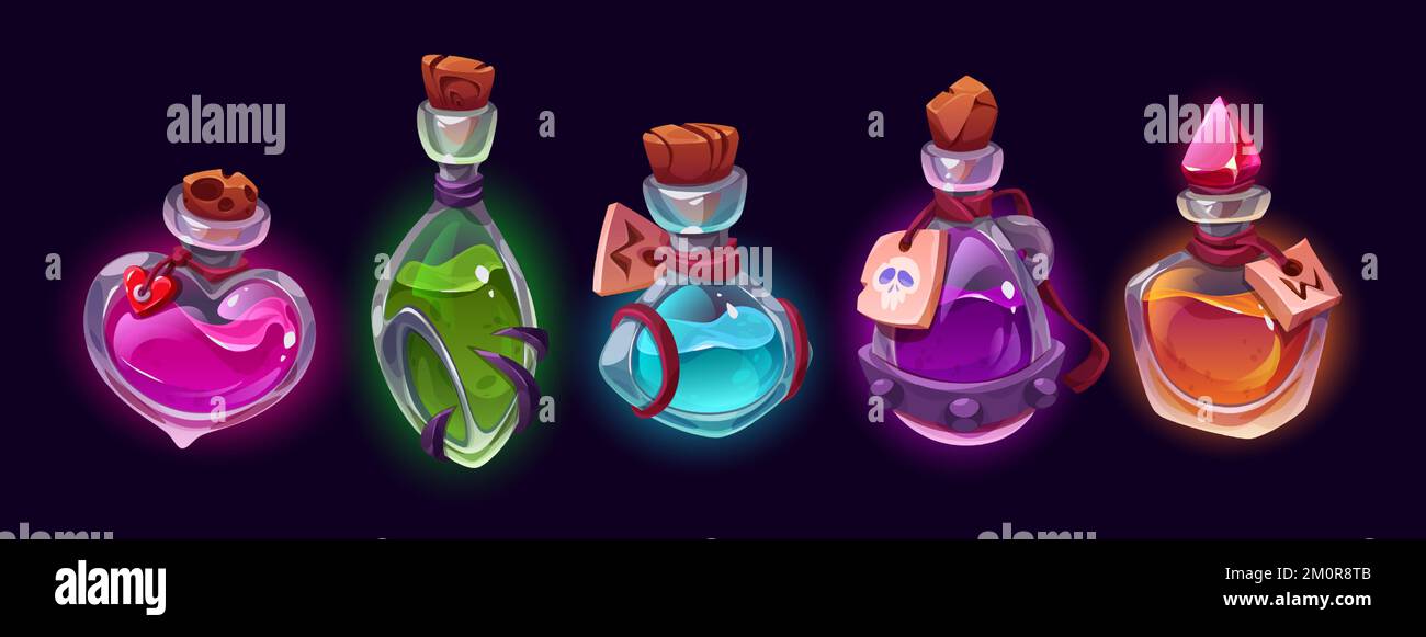 Cartoon set of magic potion bottles isolated on black background ...