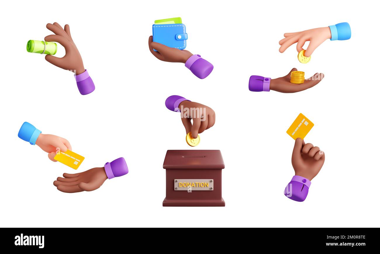 Set of hands with cash money, wallet and bank card. Diverse people give ...