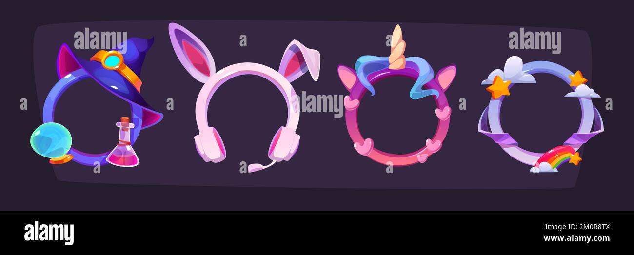Game avatar templates with frames with witch hat, rabbit ears, unicorn ...