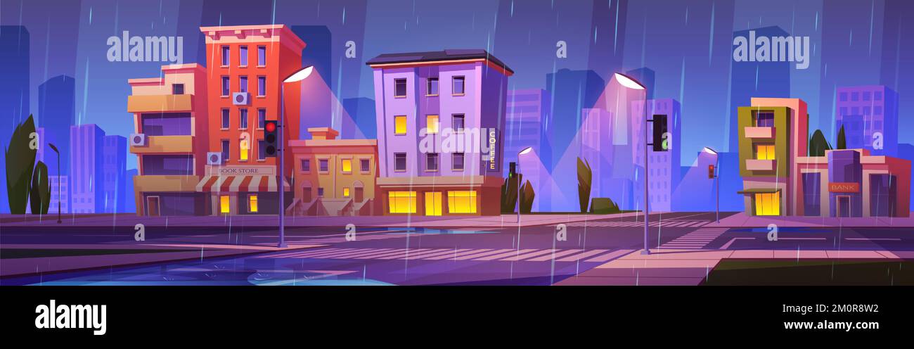 City street landscape with houses, car road and trees in rain at ...