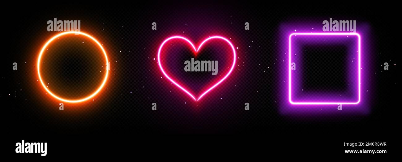 Banner frames with neon light glow. Square, circle and heart shape ...