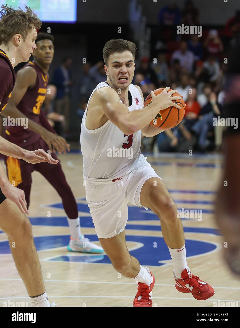 Dallas, TX, USA. 7th Dec, 2022. SMU's Stefan Todorovic #3 drives the ...