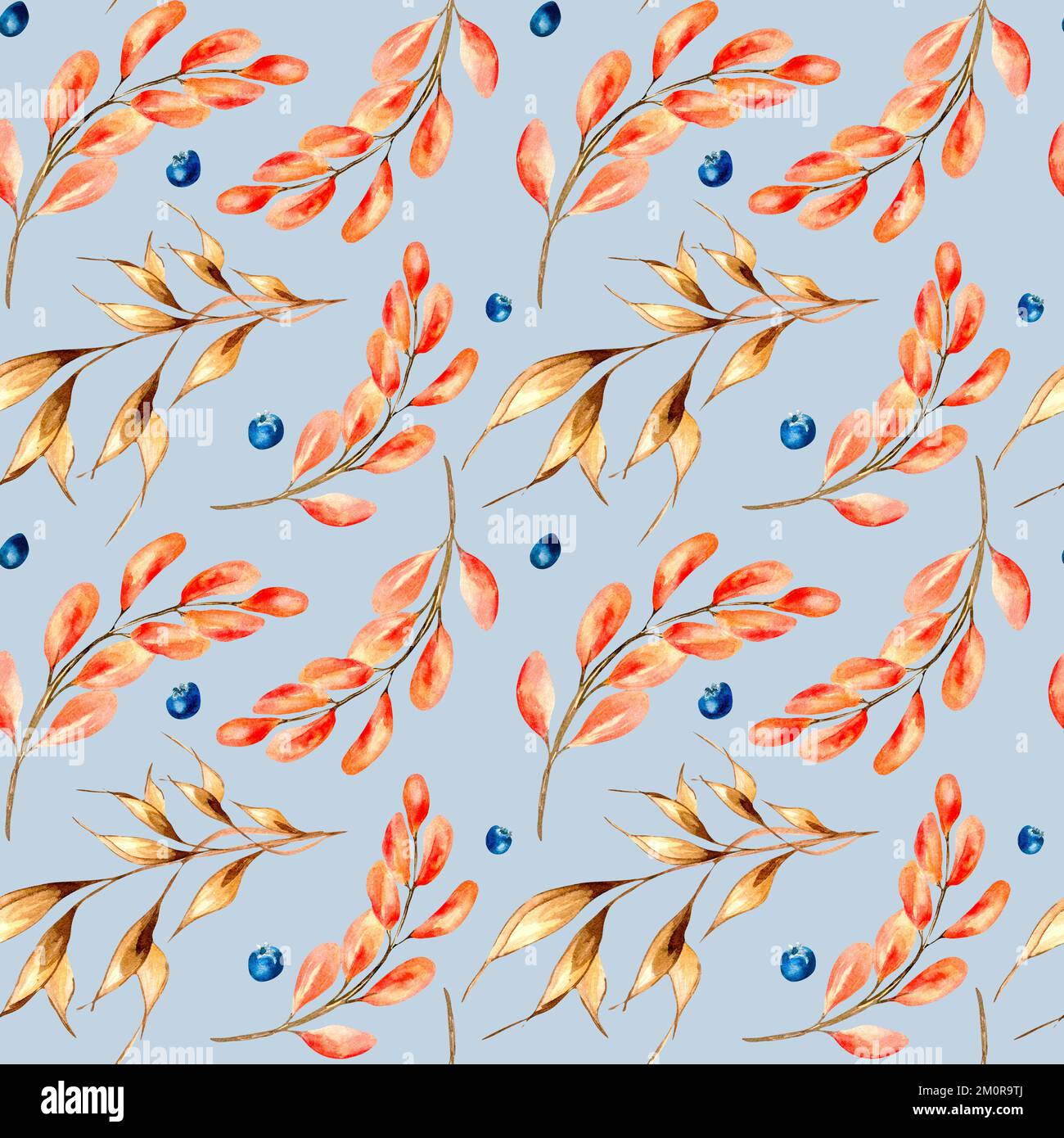 Bright autumn branch and spikelet watercolor seamless pattern on blue ...