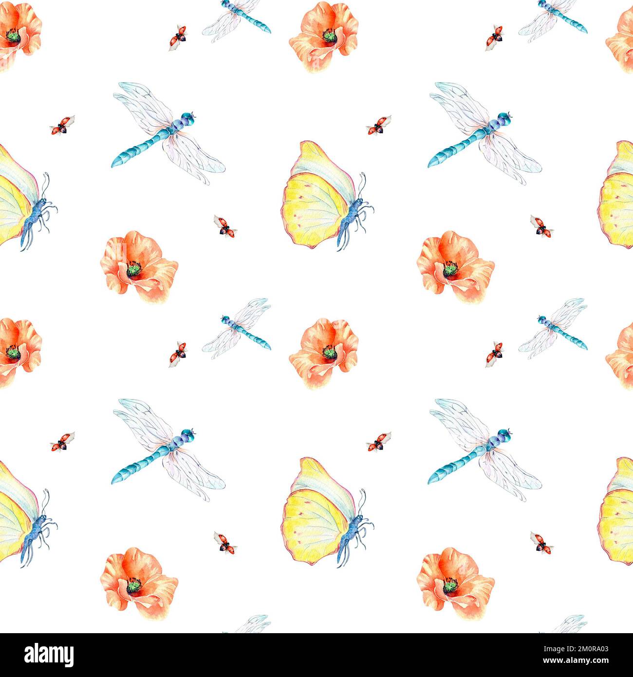 Meadow insects and flowers watercolor seamless pattern on white. Red ...
