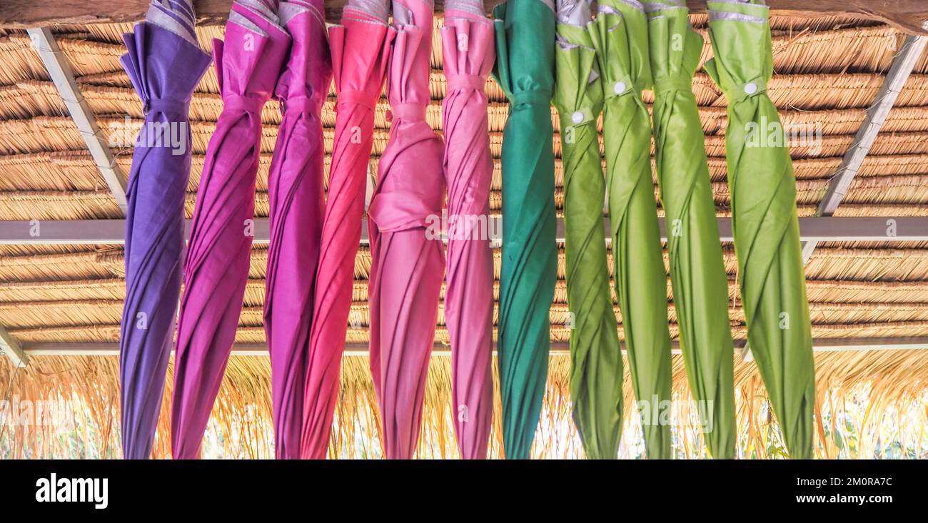 Colorful umbrellas hanging in line Stock Photo - Alamy