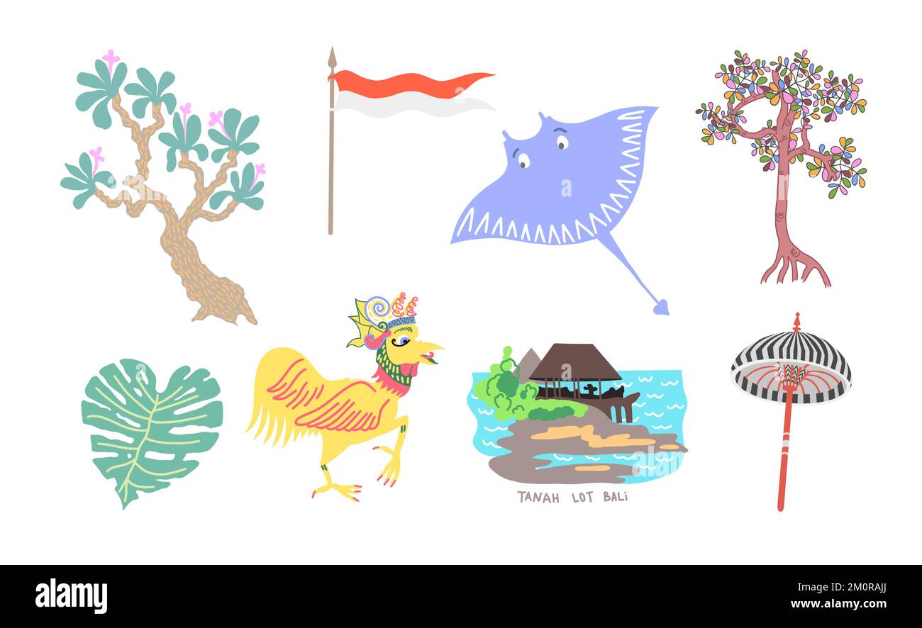 set of indonesian flat design objects, bali symbols vector illustration ...