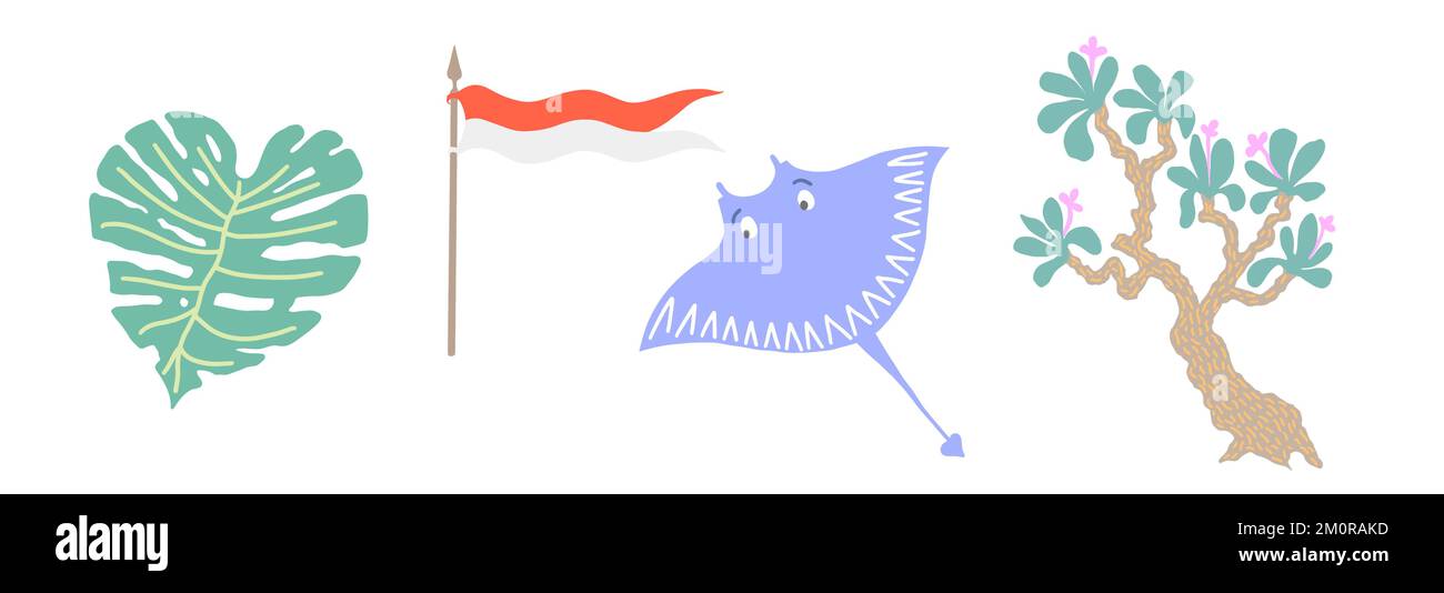 set of flat style tropical symbols -indonesia flag, monstera leaf ...