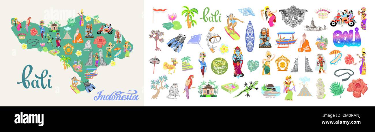 Set of 50 Bali symbols in flat design with Bali map, Indonesia vector ...