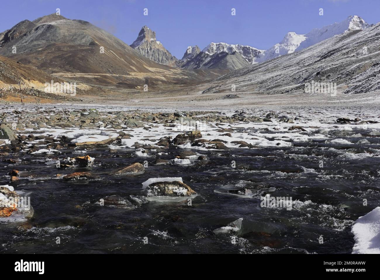scenic mountain landscape and snow covered river valley at zero point ...