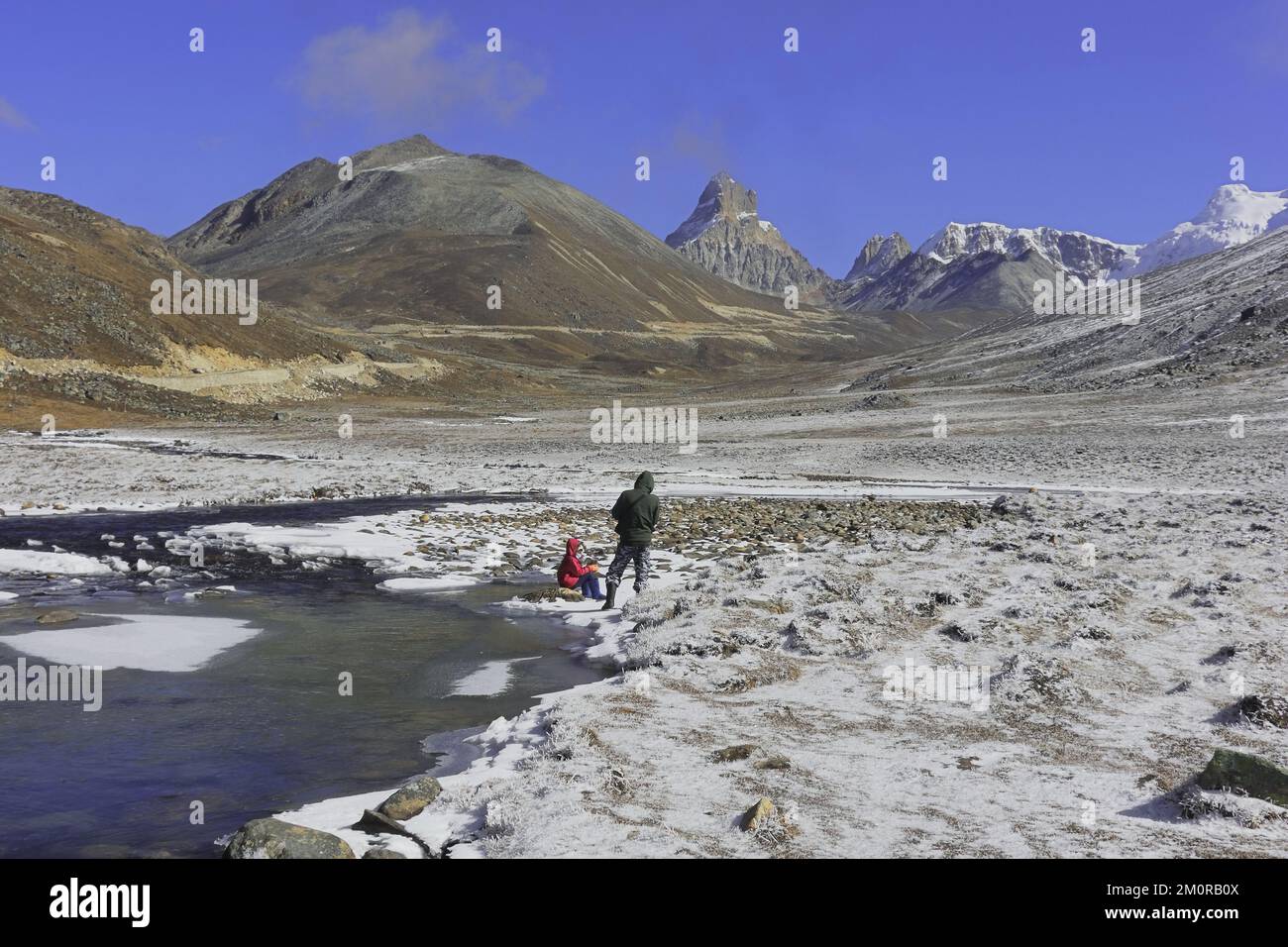 scenic mountain landscape and snow covered river valley at zero point ...