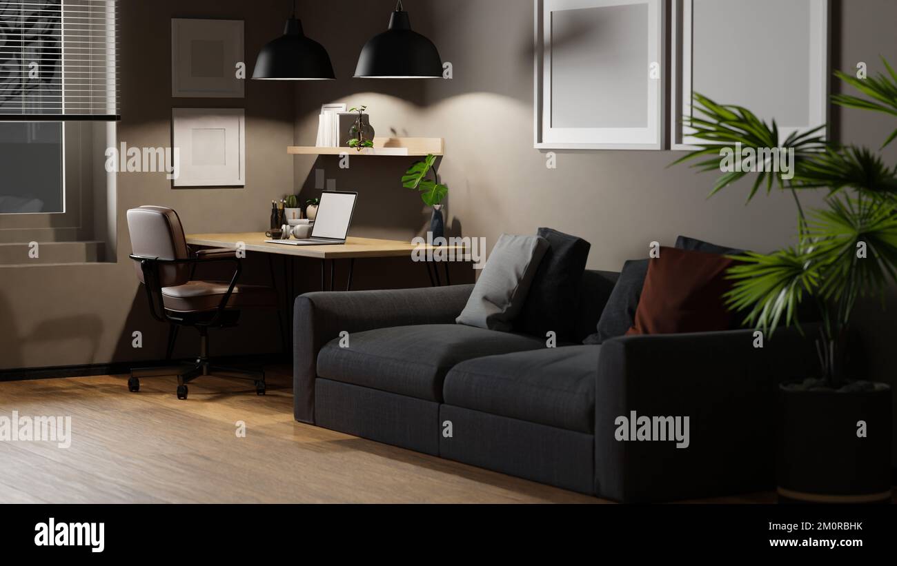 Modern apartment living room with workstation interior design with ...