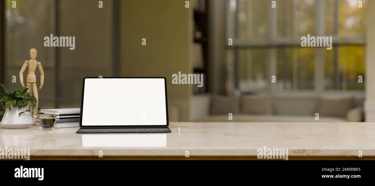 Portable tablet white screen mockup with wireless keyboard, coffee cup ...