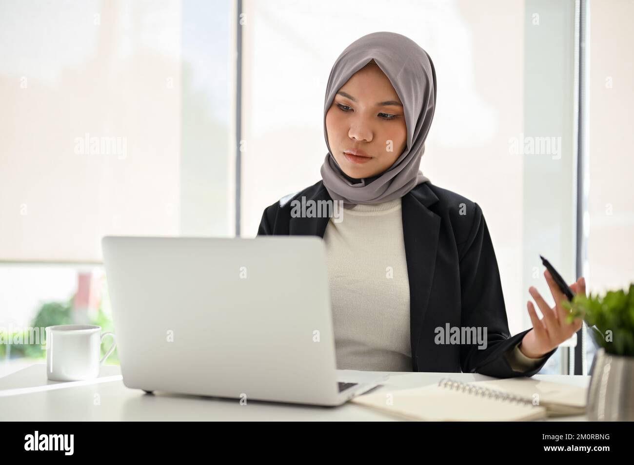 Successful Asian Muslim businesswoman wearing hijab, using laptop ...