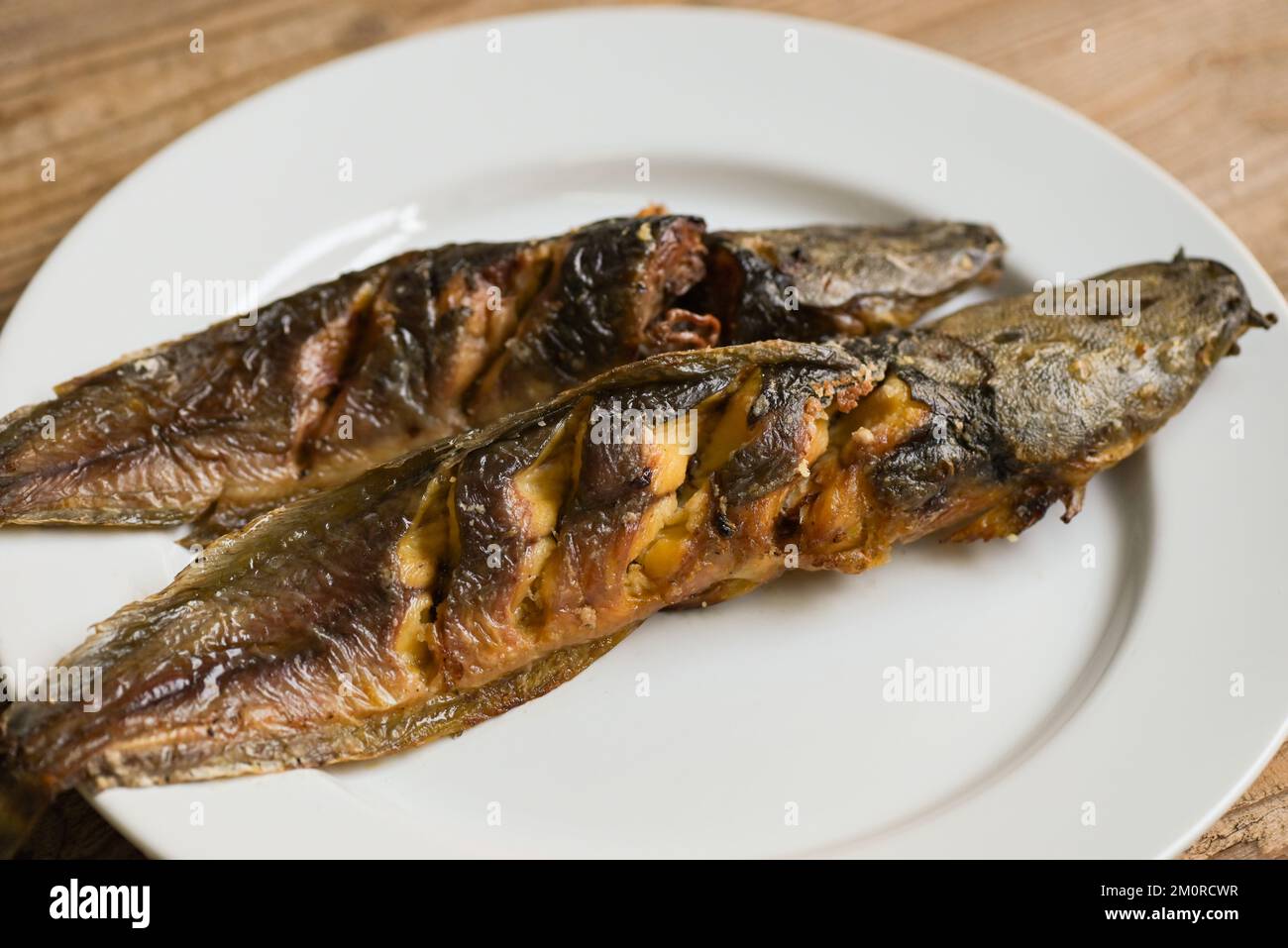 grilled catfish on white plate, Thailand food cooking catfish ...