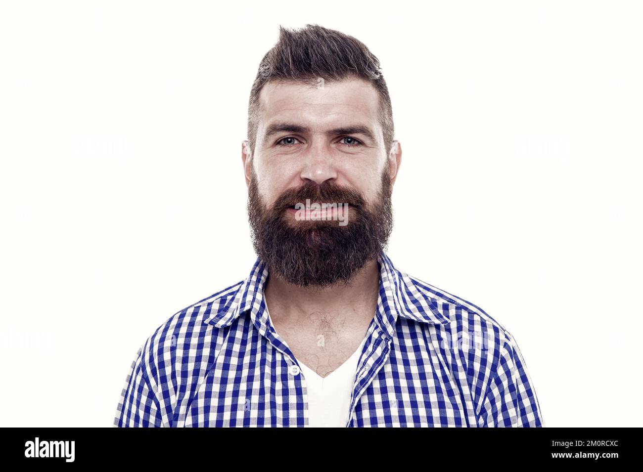 his warm smile. getting haircut by hairdresser. Hipster client visiting ...