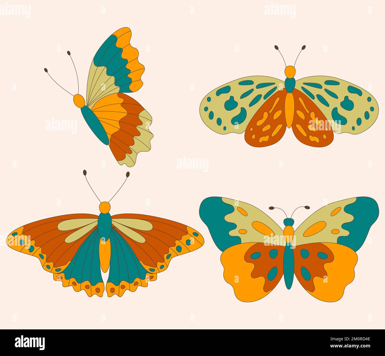 Set of retro 60s 70s hippie groovy butterflies for cards, stickers or ...