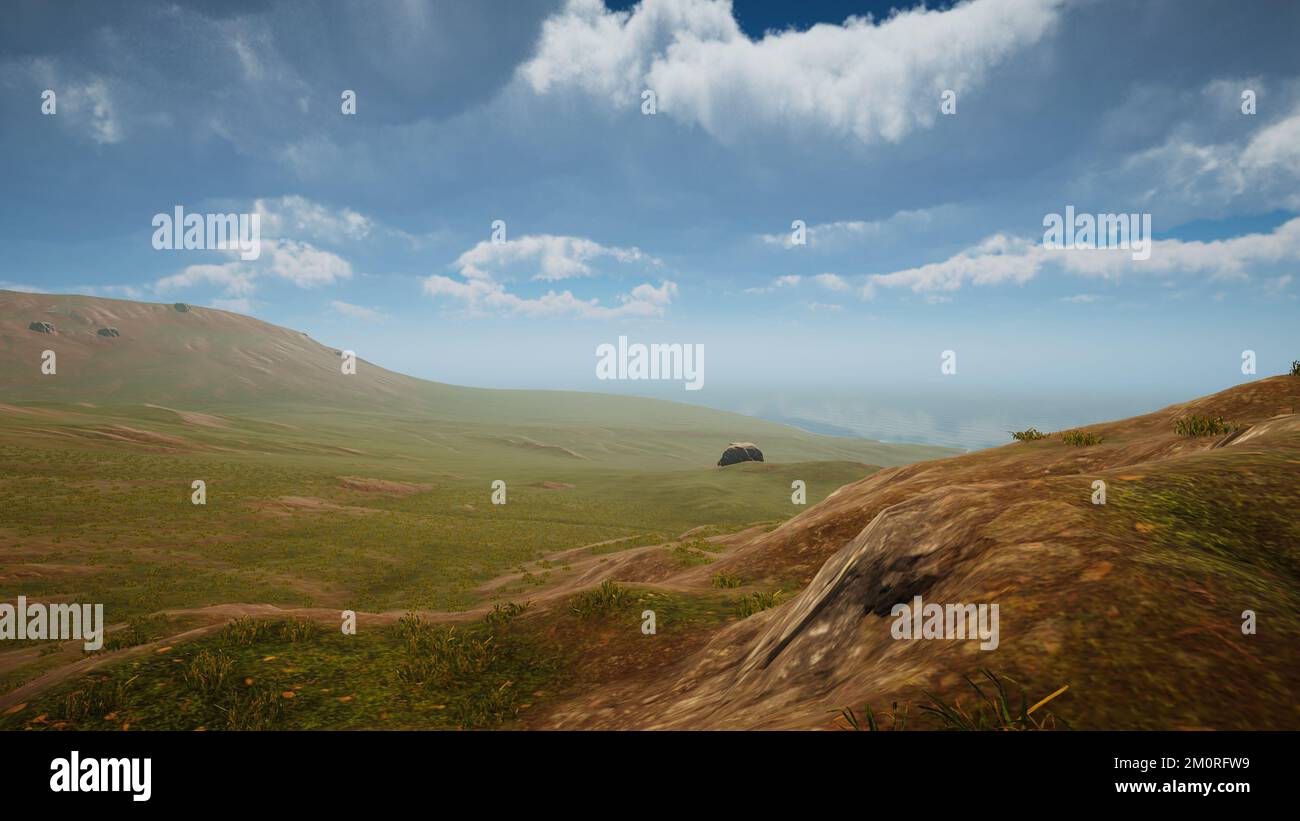 3D rendering. Natural environment of a green island with no trees ...