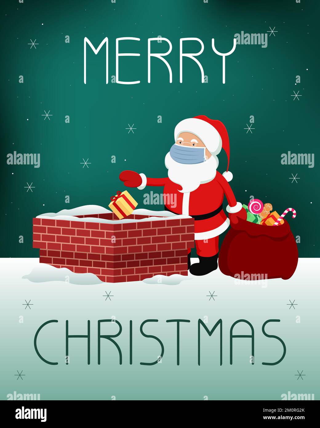 Christmas card. Santa in mask throwing presents into chimney. Cartoon ...