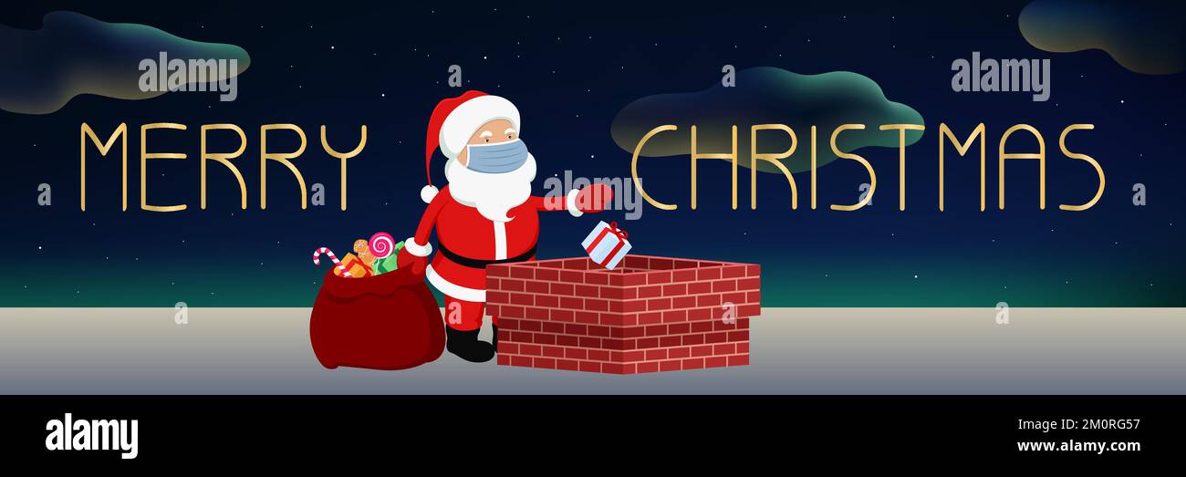 Christmas card. Santa in mask throwing presents into chimney. Vector ...