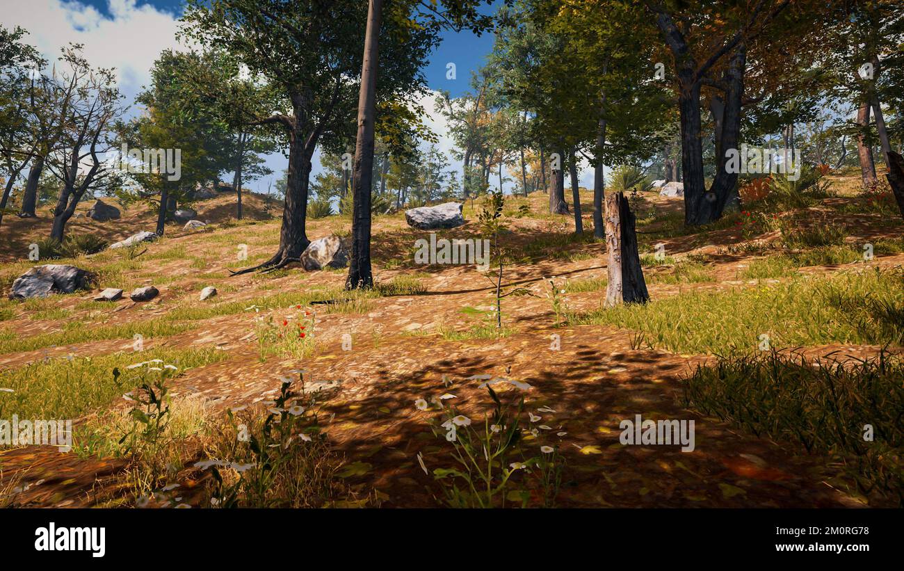 3D rendering. An immersive natural environment. Landscape to illustrate ...