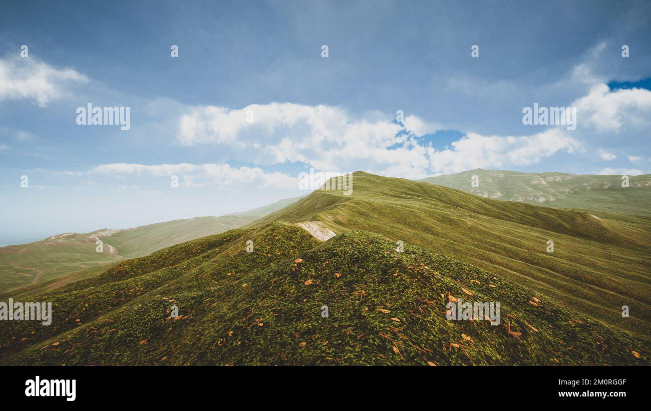 3D rendering. Natural environment of a green island with no trees ...