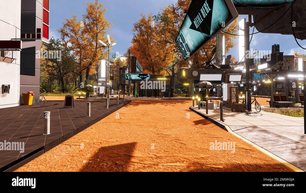 3D rendering. Futuristic landscape, Neo city with cyberpunk style and ...