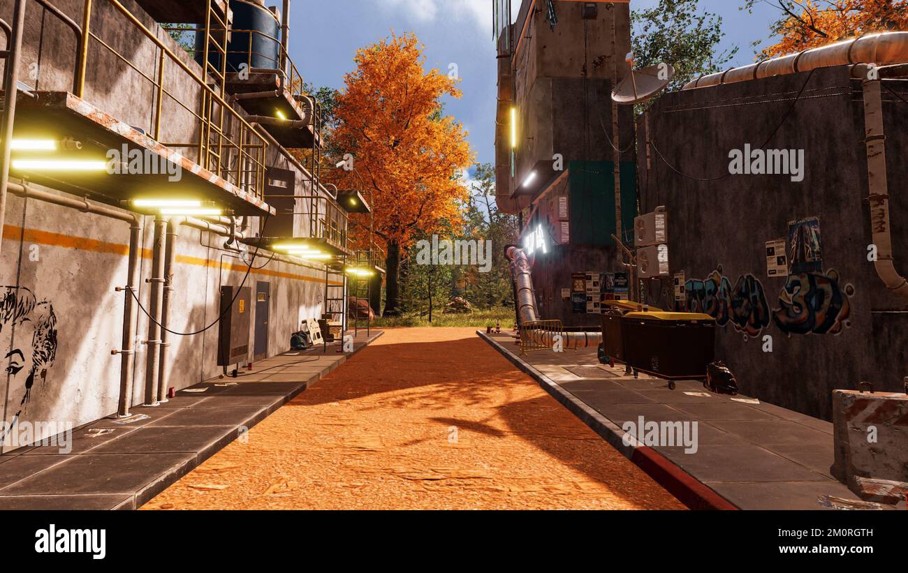 3D rendering. Futuristic landscape, Neo city with cyberpunk style and ...