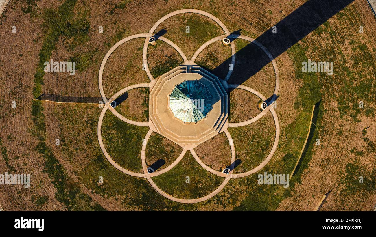 A high angle shot over Robert Moses Water Tower on decorated grass land ...